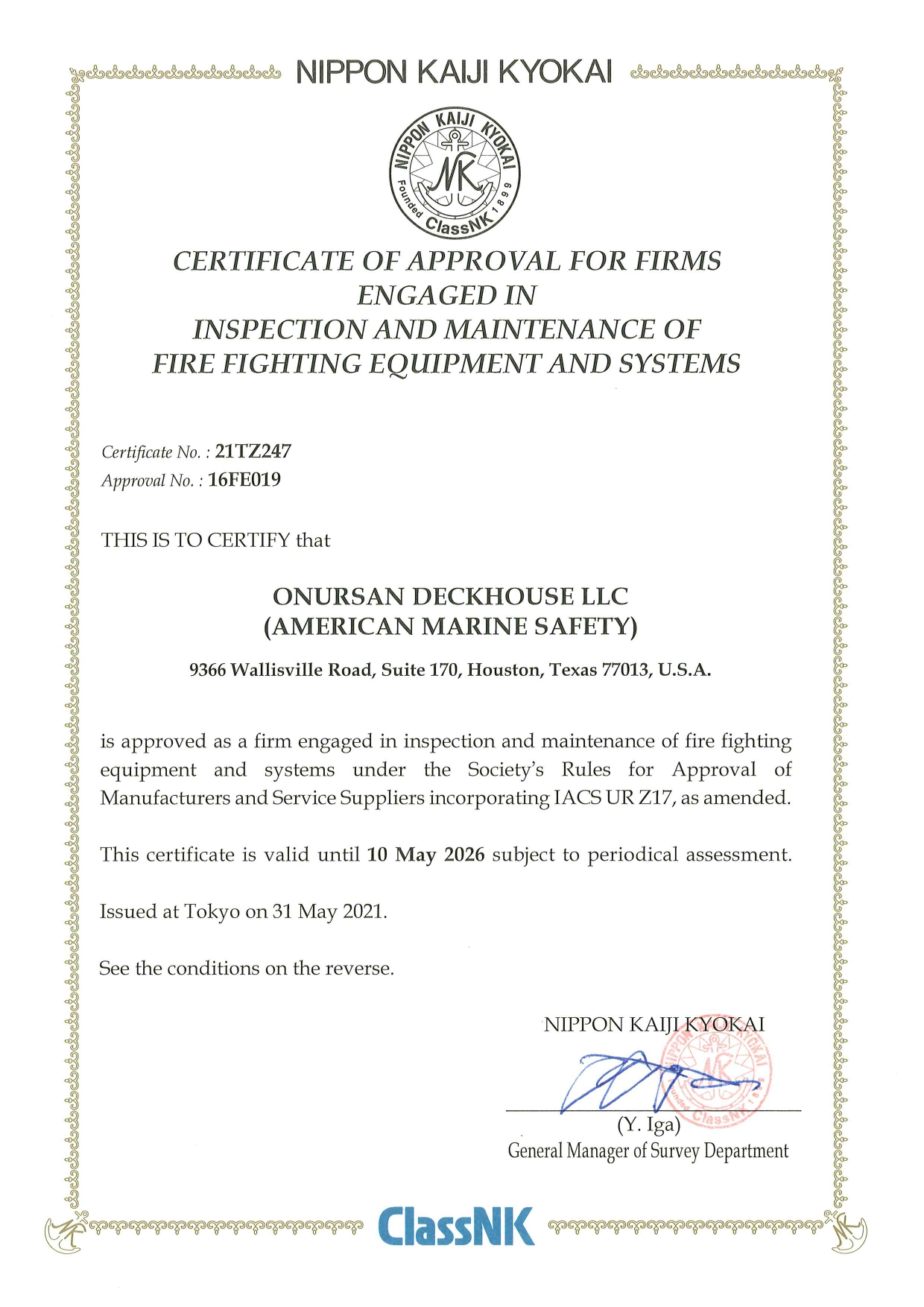 CLASS NK – FIRE – Onursan Usa