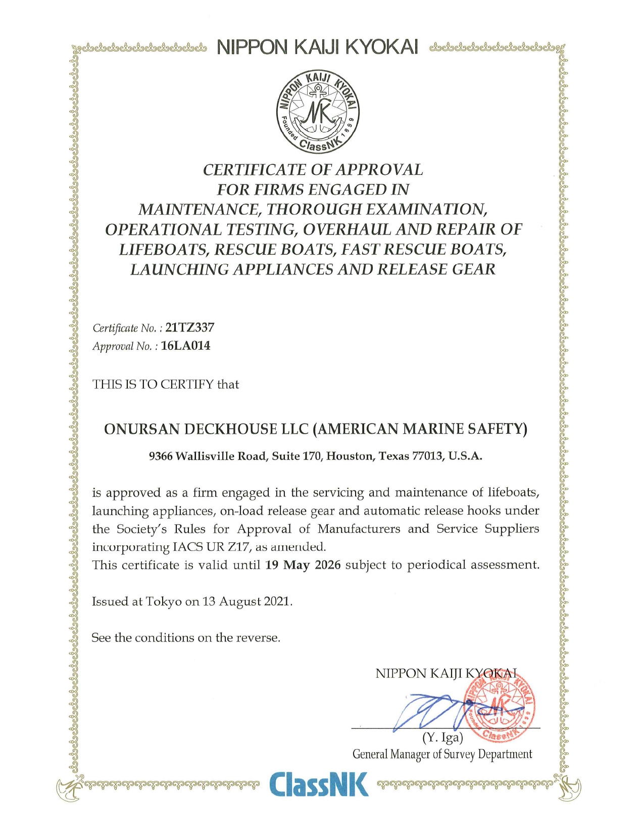 CLASS NK – LIFEBOAT – Onursan Usa